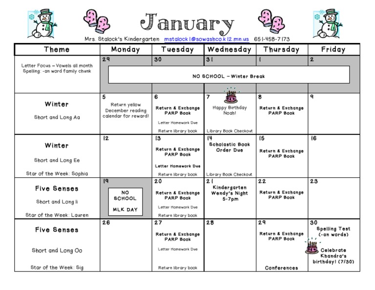 January Kindergarten Activities Calendar | PDF | Language Arts & Discipline