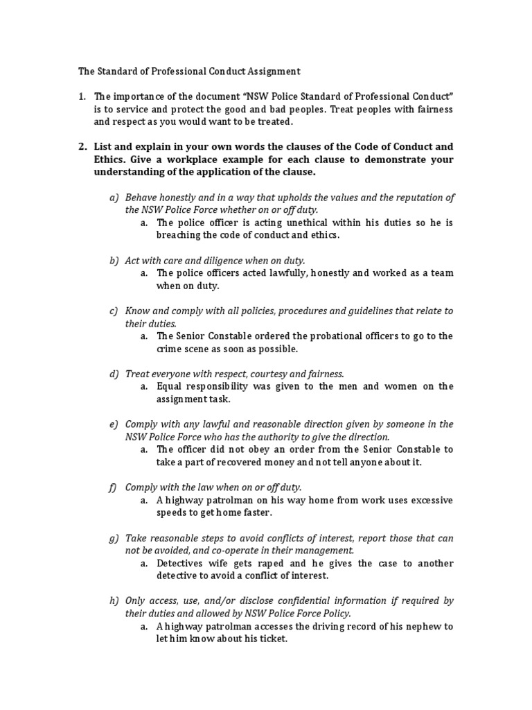 The Standard of Professional Conduct Assignment | Police Officer ...