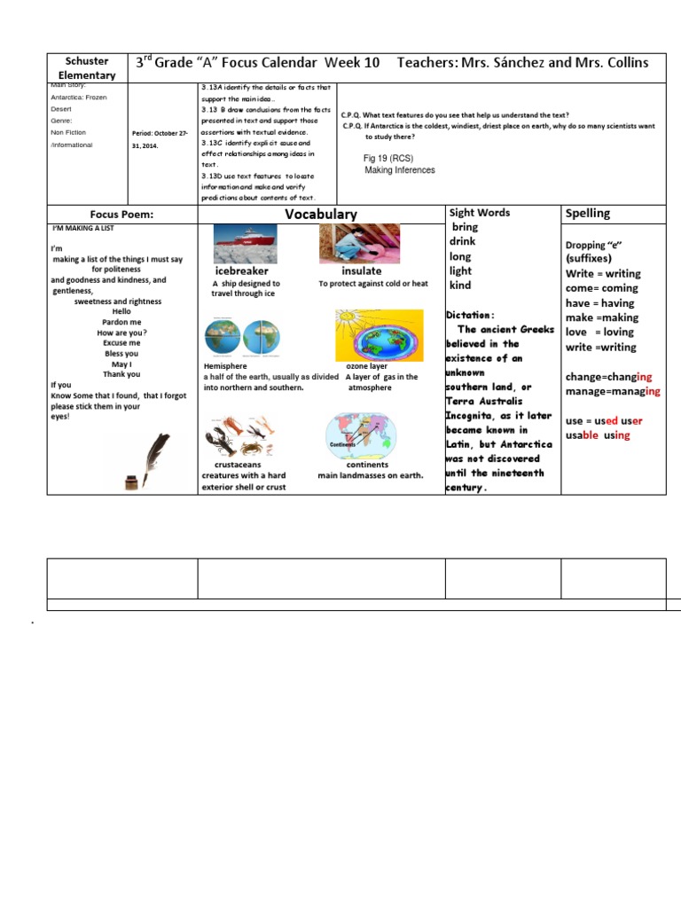 Elar2014 3rd Grade Focus Calendar WK 10 | PDF