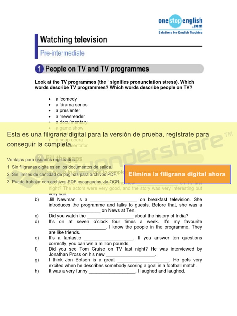 Television Worksheet | PDF | Television Series | Television Programs
