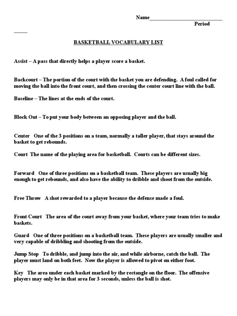 Basketball Vocabulary Notes | Download Free PDF | Basketball Positions ...