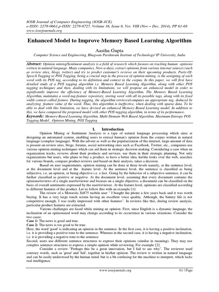 Enhanced Model To Improve Memory Based Learning Algorithm | PDF | Machine Learning | Algorithms