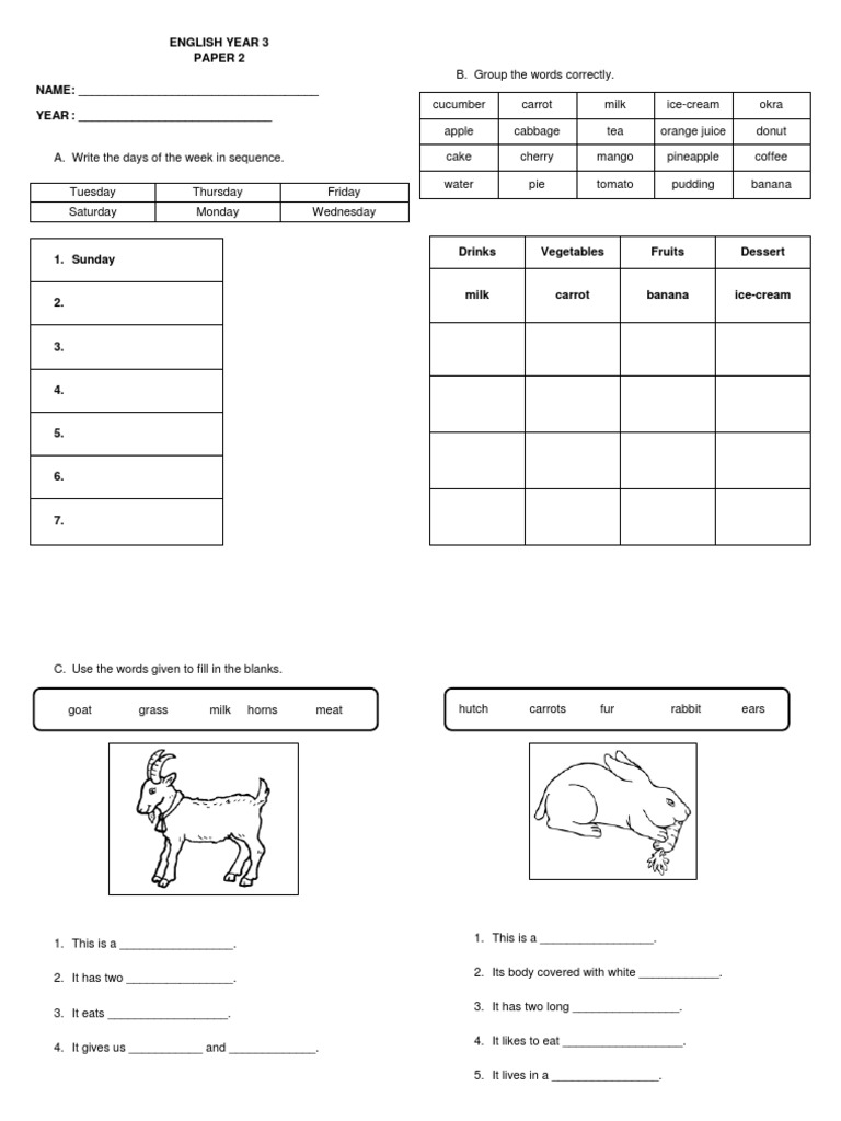 English Year 3 Paper 2 NAME: - YEAR | PDF | Cooking, Food & Wine