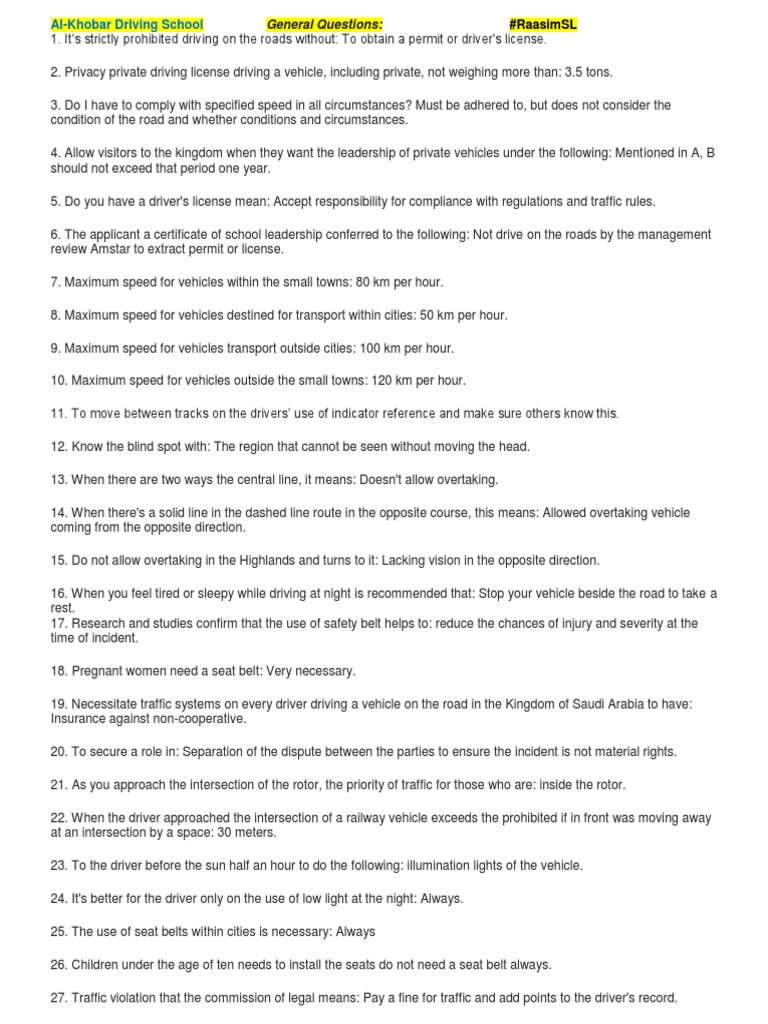 KSA Driving School's General Questions! (Khobar) | PDF | Traffic | Driving