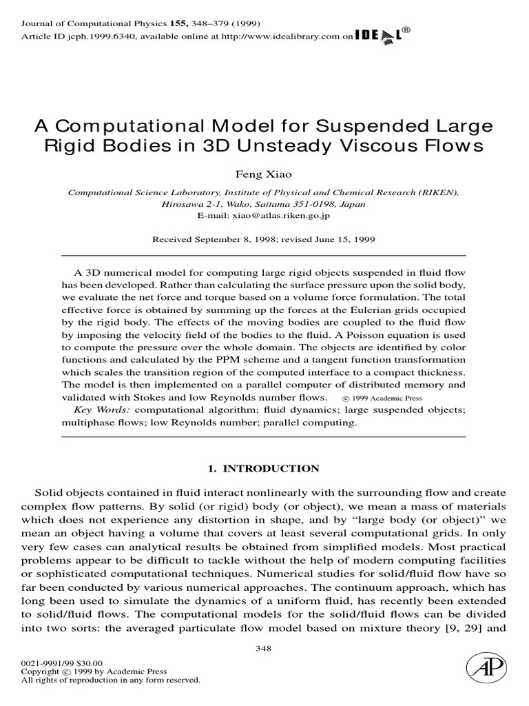 A Computational Model For Suspended Large Rigid Bodies in 3D Unsteady Viscous Flows Xiao | PDF ...