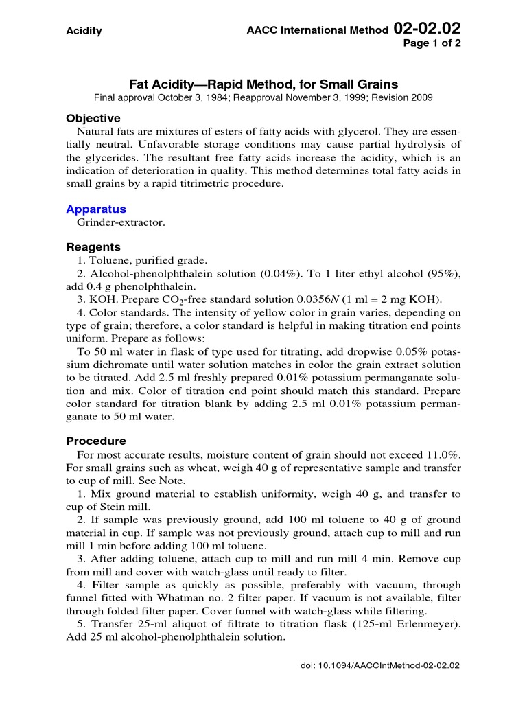 AACC 02-02-02 Fat Acidity - Rapid Method, For Small Grains | PDF ...