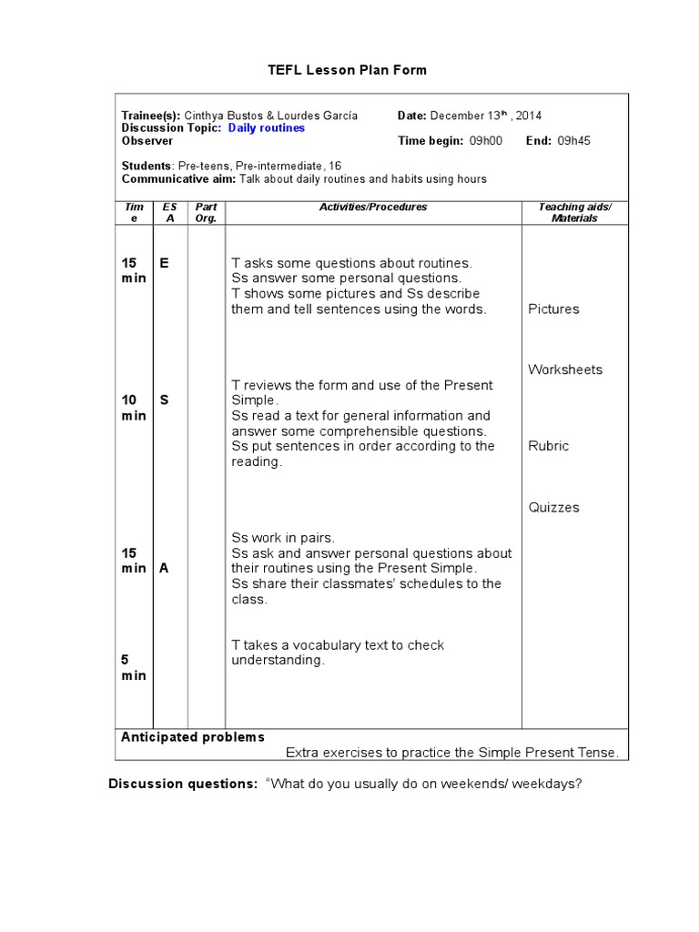 TEFL Lesson Plan Form:: Daily Routines | PDF | Foreign Language Studies