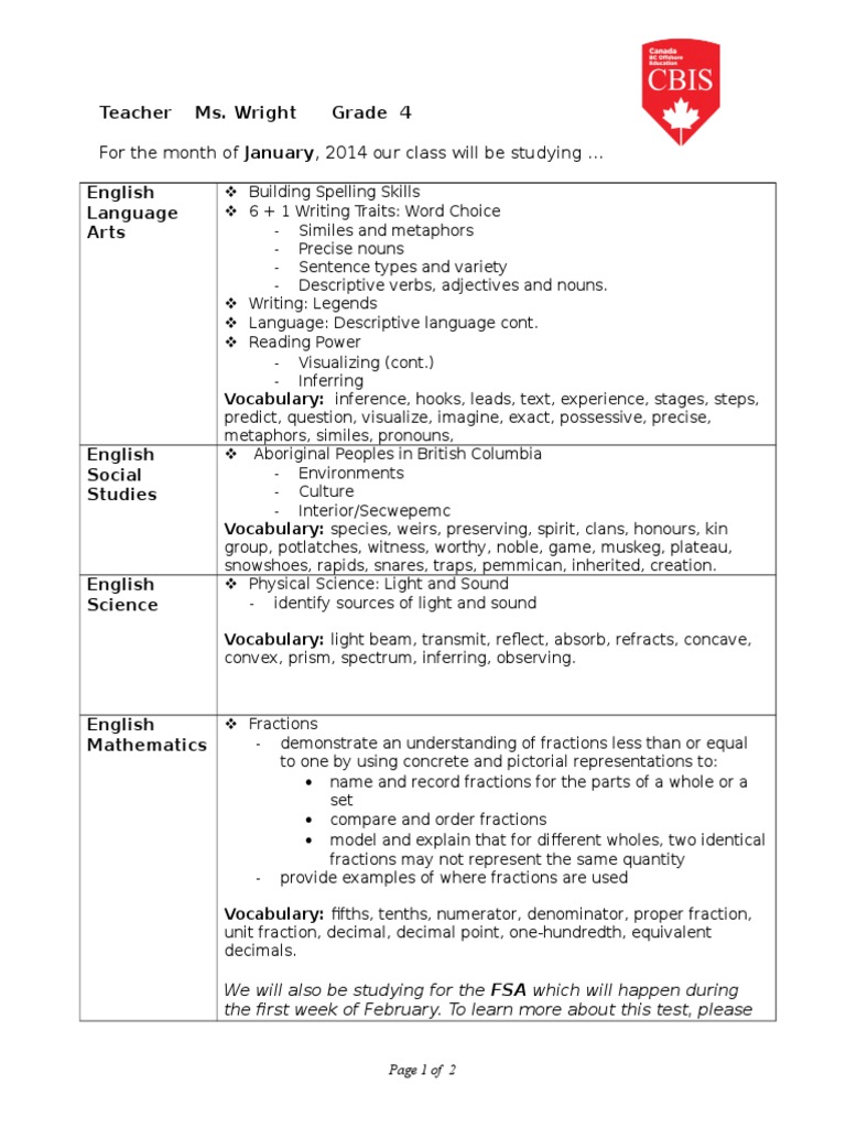 Grade Four January Monthly Overview | PDF