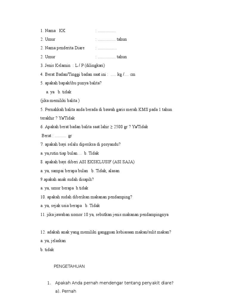 Kuesioner Diare Fix | PDF