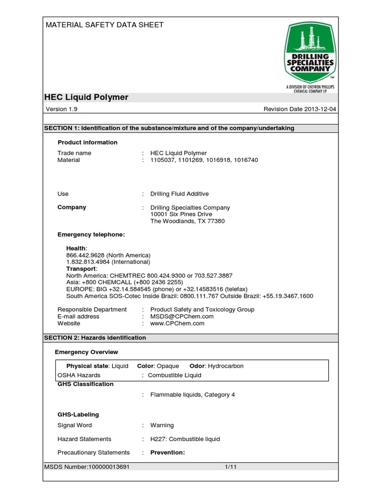 248 - HEC MSDS 20141117 v1 JS PDF | PDF | Dangerous Goods | Hazardous Waste