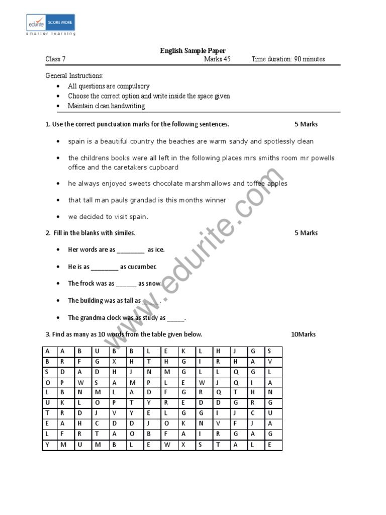 Class 7 ICSE English Sample Paper | PDF