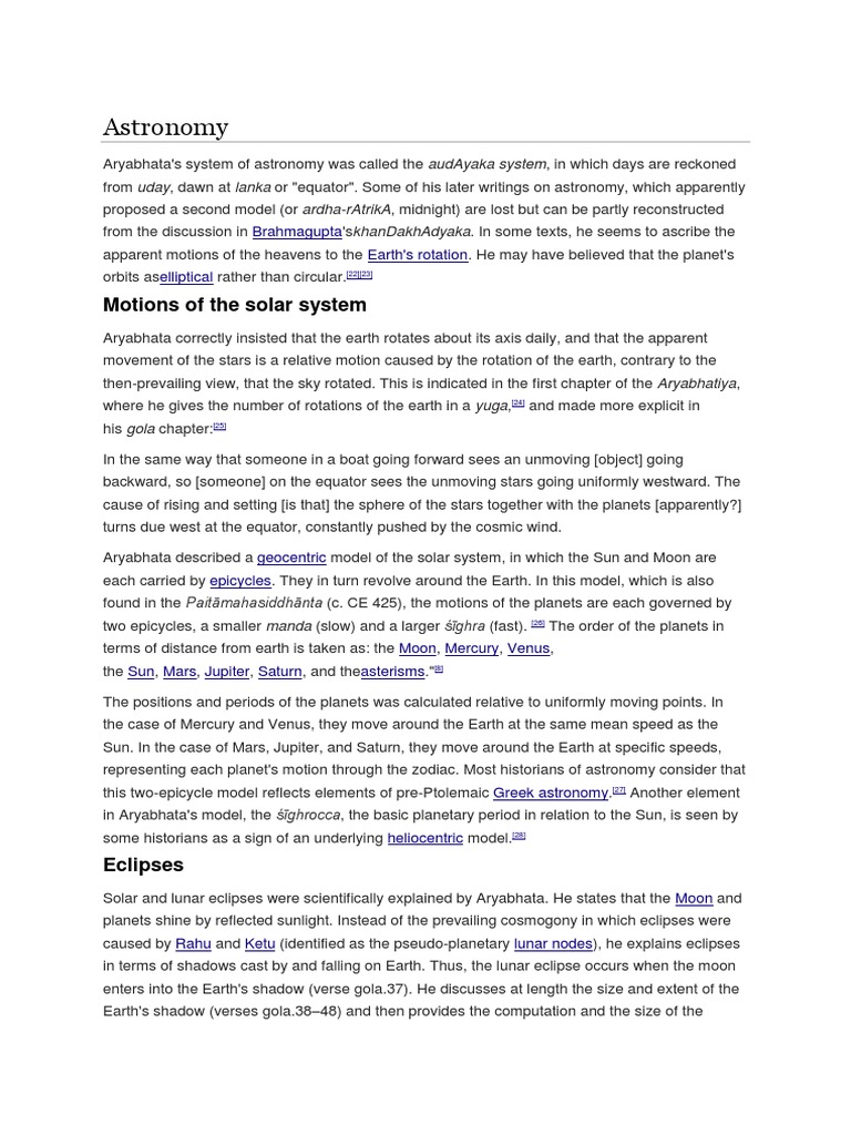 Aryabhatta - Contributions To Astronomy | PDF | Eclipse | Planets