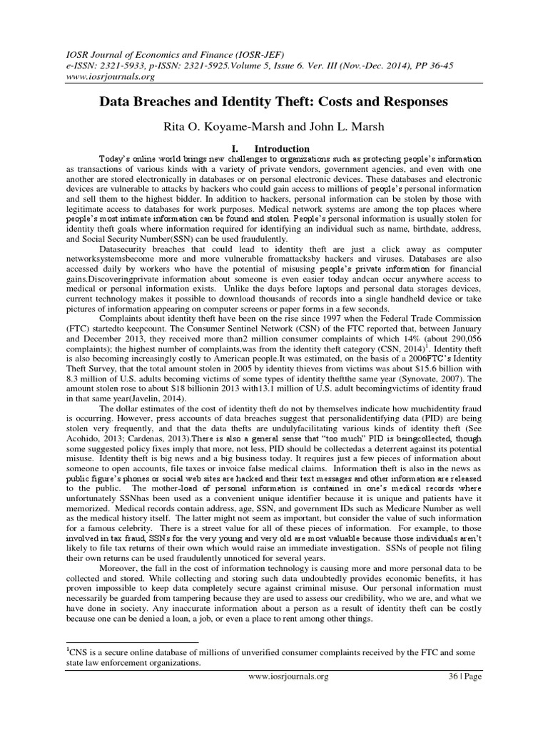 Data Breaches and Identity Theft: Costs and Responses | PDF | Identity ...