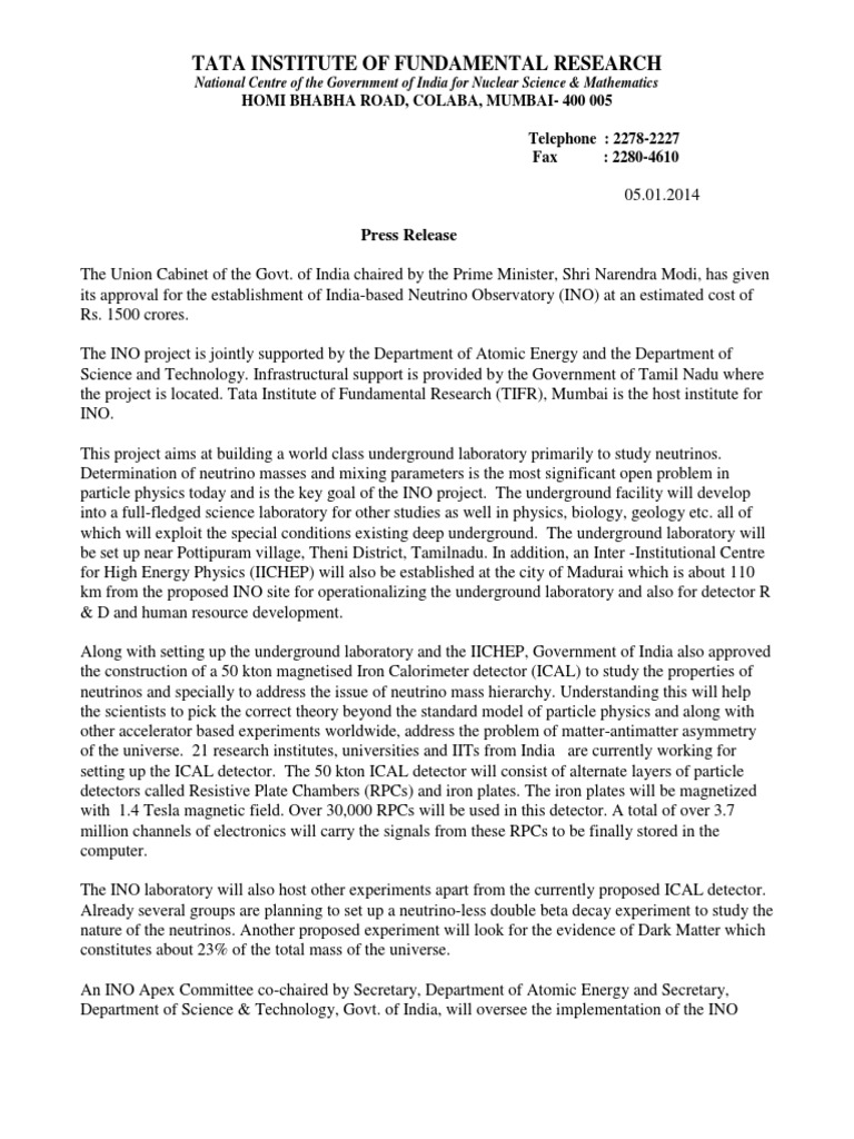 INO: Press Release | PDF | Neutrino | Physical Universe