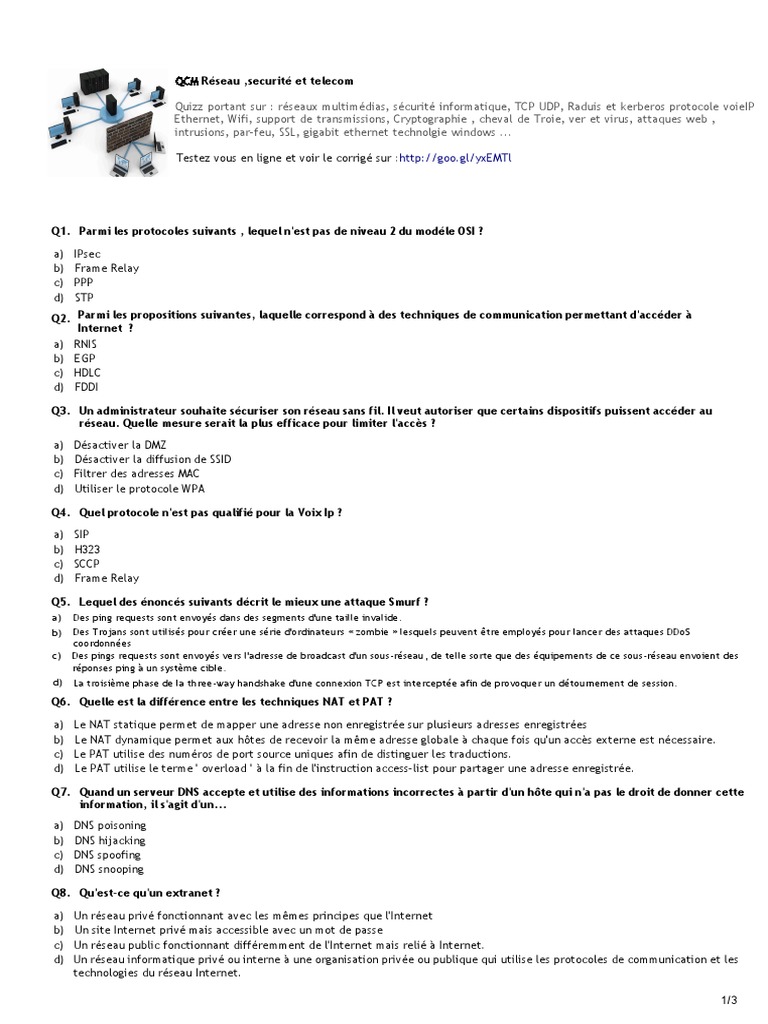 QCM Reseau Securité Et Telecom | PDF | Système de noms de domaines | Ethernet