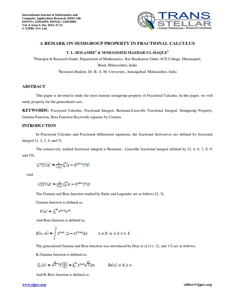 A Remark On Semigroup Property in Fractional Calculus | PDF | Integral | Functions And Mappings
