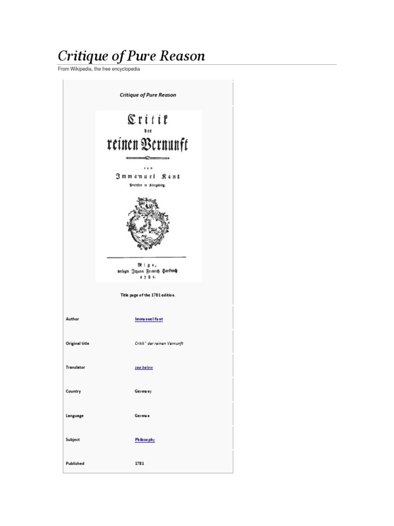 Critique of Pure Reason | PDF | Critique Of Pure Reason | Immanuel Kant