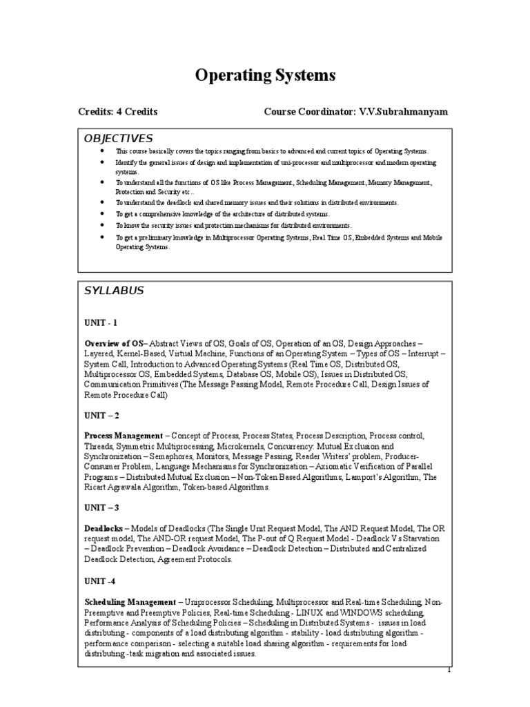 Operating Systems: Credits: 4 Credits Course Coordinator: V.V ...