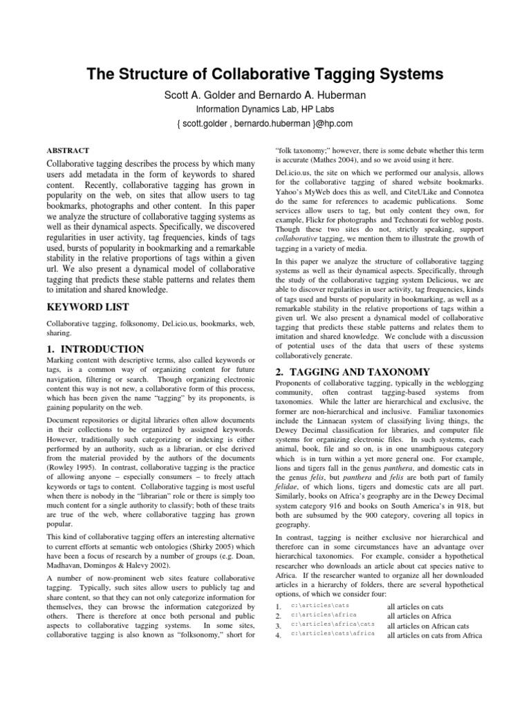 Collaborative Tagging Systems Structure Whitepaper | PDF | Tag ...