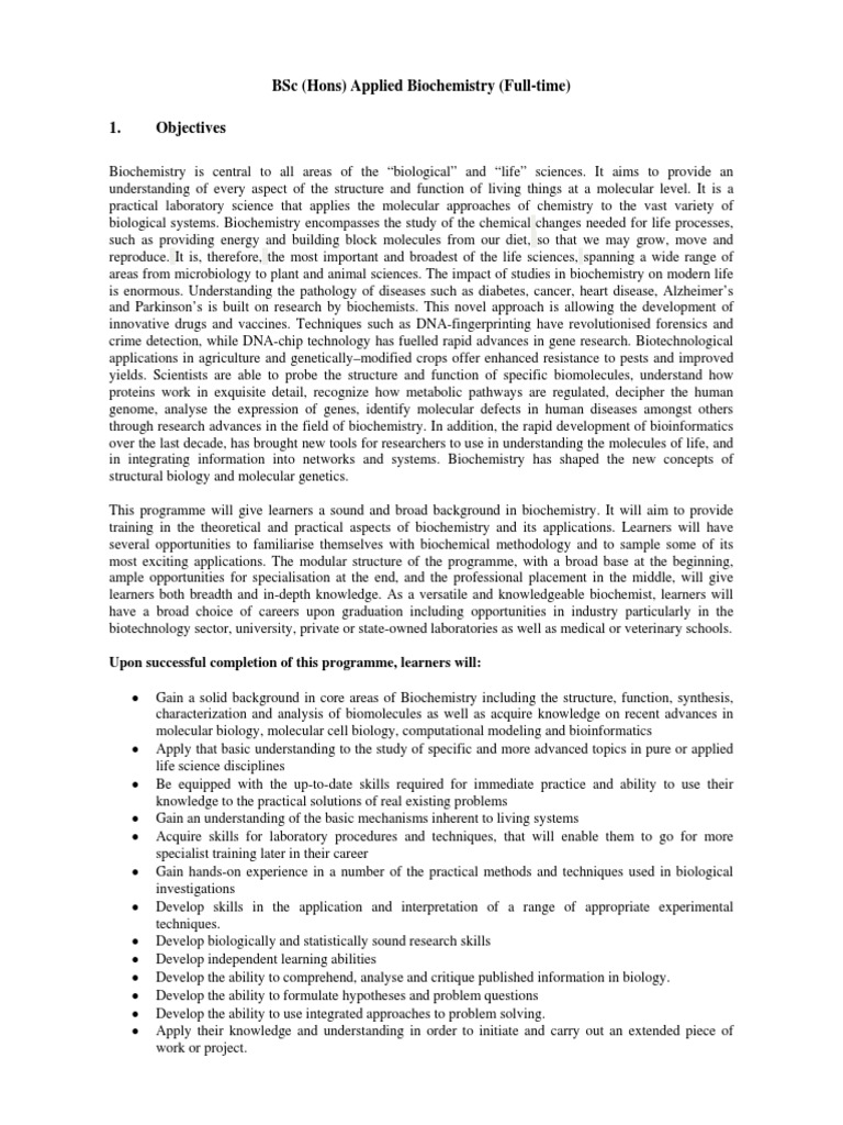 BSC (Hons) Applied Biochemistry (Full-Time) : Upon Successful ...