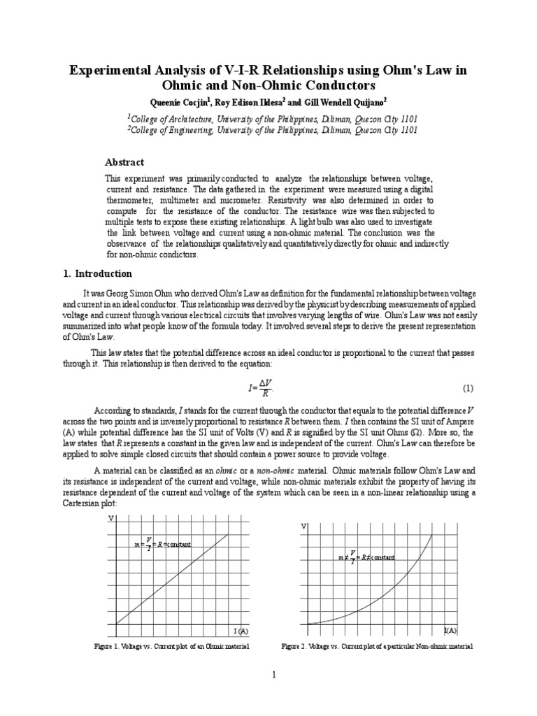 Experimental Analysis of V-I-R Relationships Using Ohm's Law in Ohmic ...