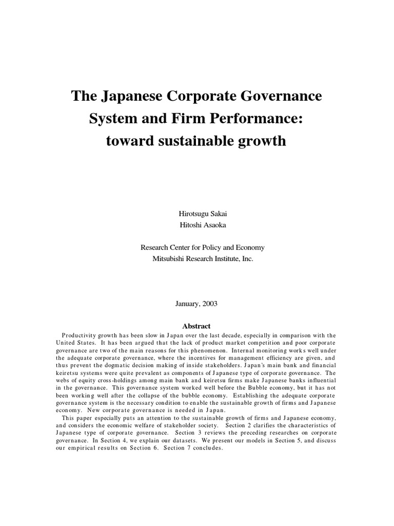 The Japanese Corporate Governance System | PDF | Corporate Governance ...