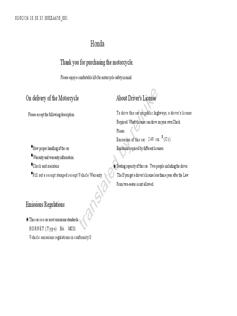 Honda Hornet CB250F Owners Manual PDF | PDF | Headlamp | Combustion