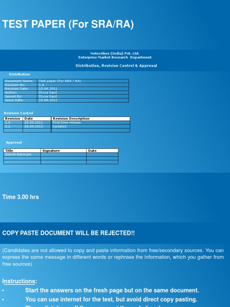 Test Papers For SRA & RA - Rev 1.1 | PDF | Sales | Advertising