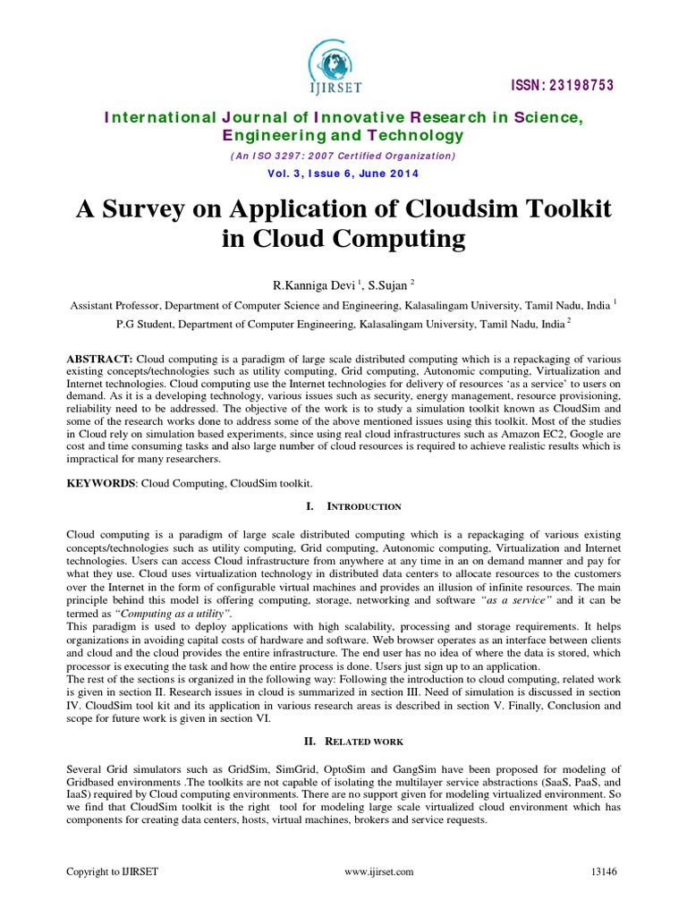 A Survey On Application Of Cloudsim Toolkit In Cloud Computing Pdf Data Center Cloud Computing