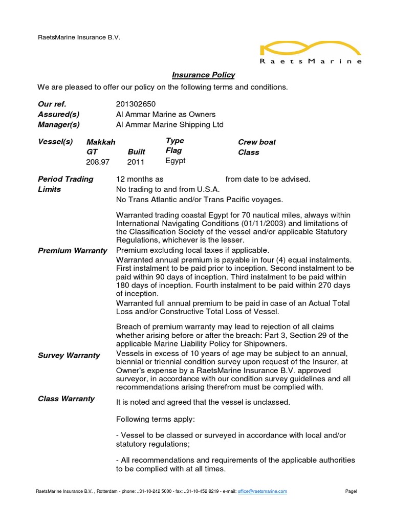 Insurance Policy: Raetsmarine Insurance B.V | PDF | Insurance | Industries