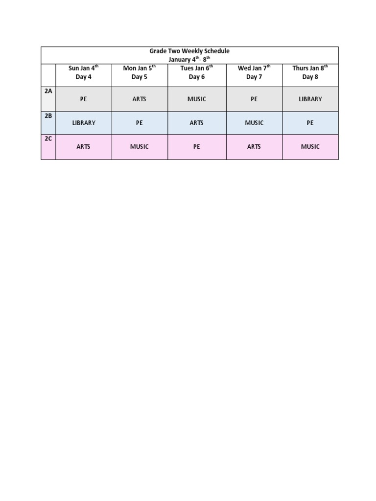 Grade 2 Weekly Schedule: Jan 4-8 | PDF
