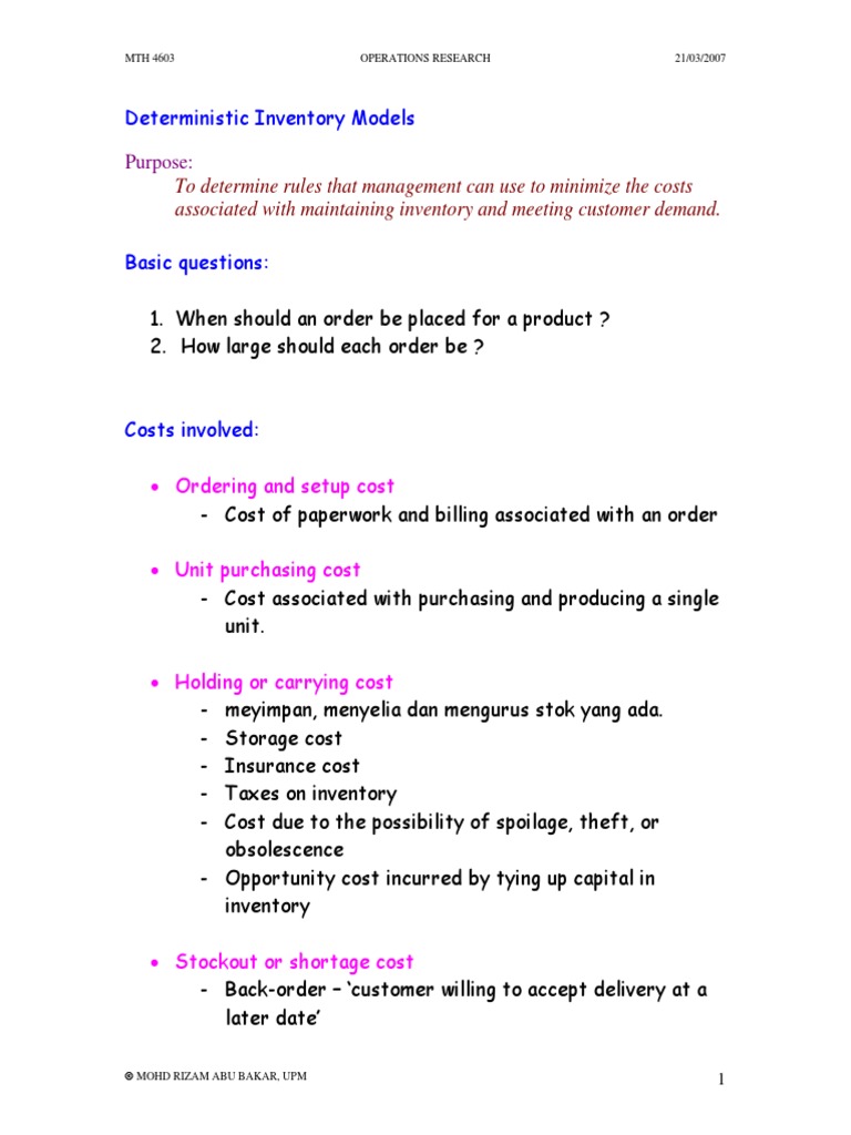 Deterministic Inventory Model | PDF | Inventory | Distribution (Business)