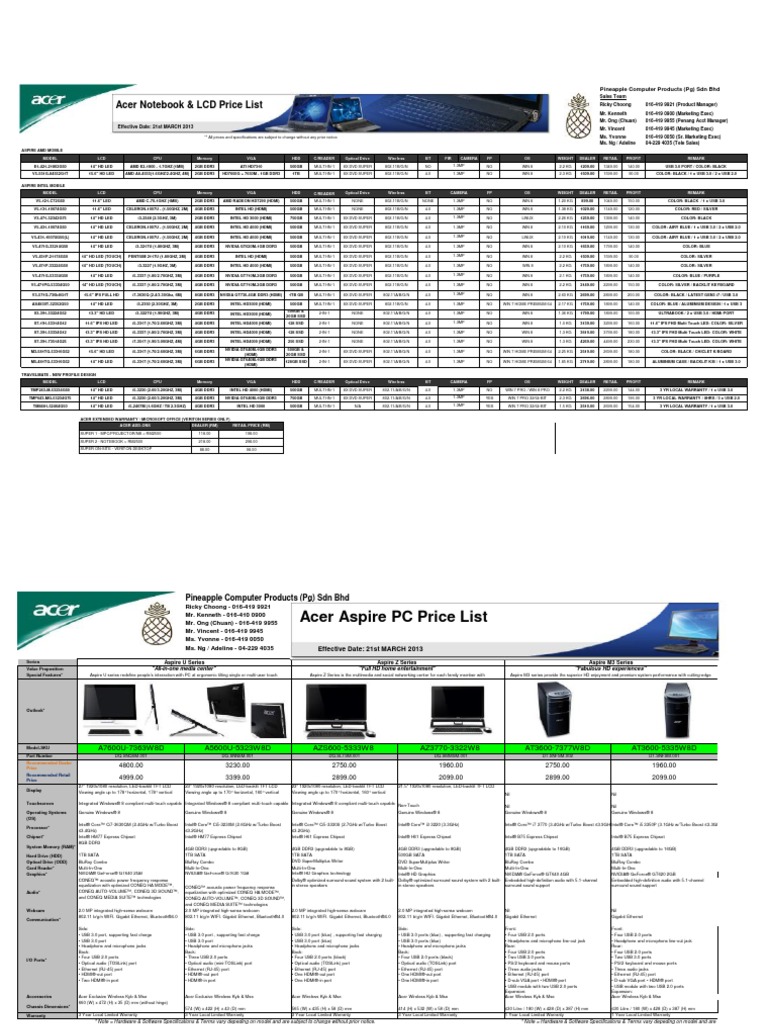 Acer Price List 10-April-2013 | PDF | Computer Monitor | Hdmi