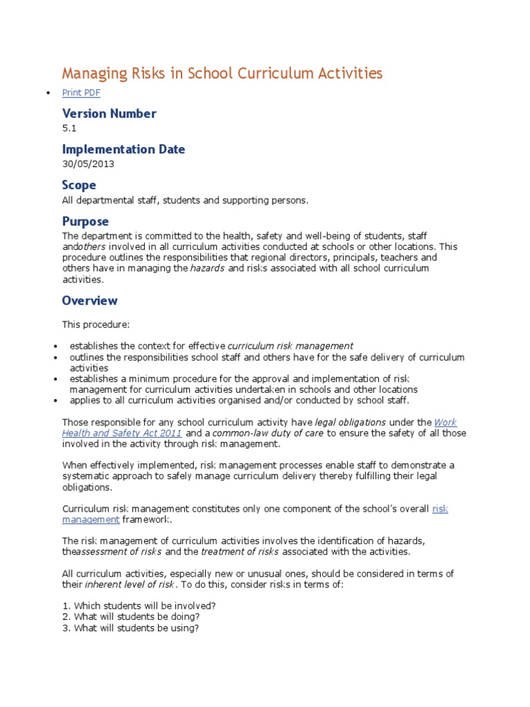 Managing Risks in School Curriculum Activities | PDF | Risk ...