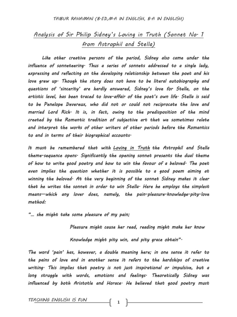 Analysis of Sidney's Sonnet 1 | PDF