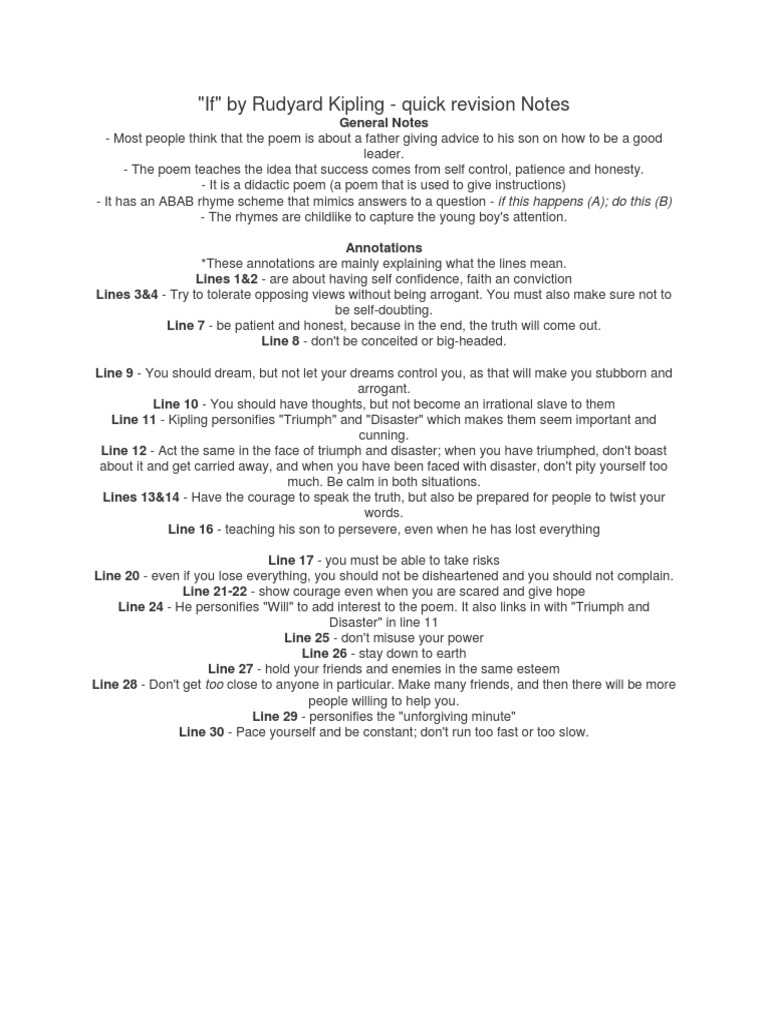 "If" by Rudyard Kipling - Quick Revision Notes | PDF | Language Arts ...