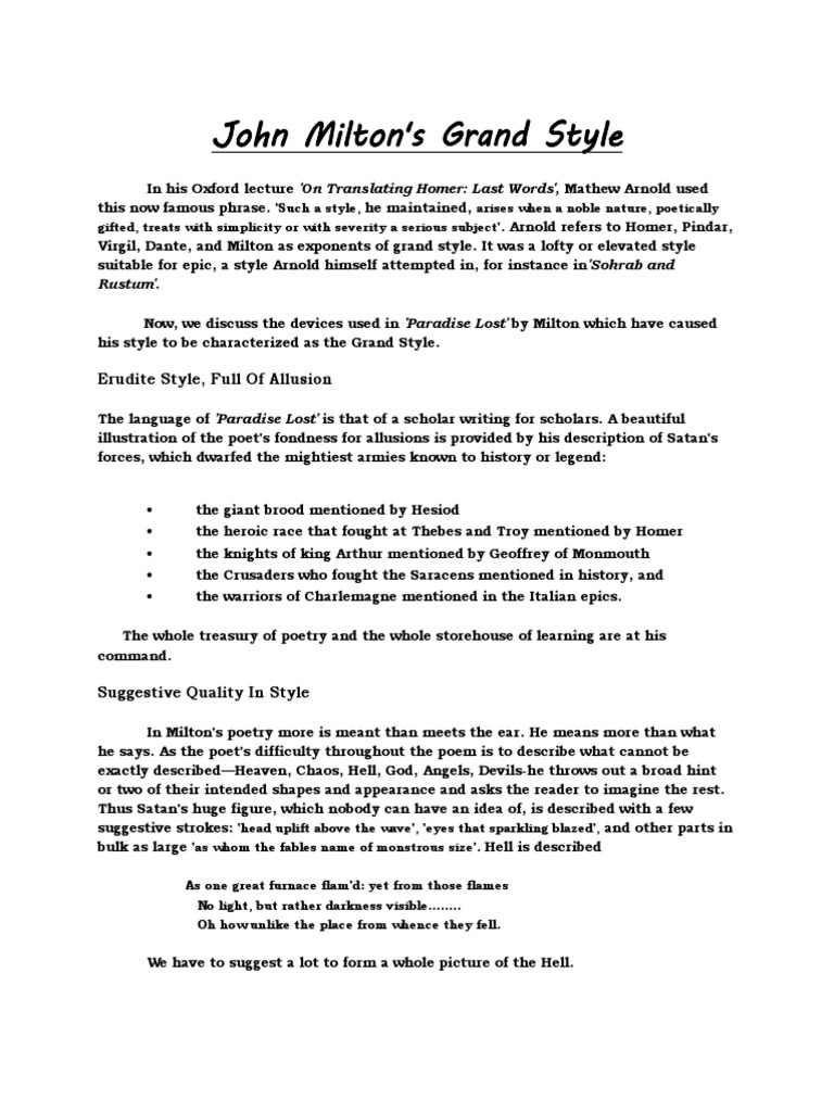 John Milton's Grand Style: Erudite Style, Full of Allusion | PDF