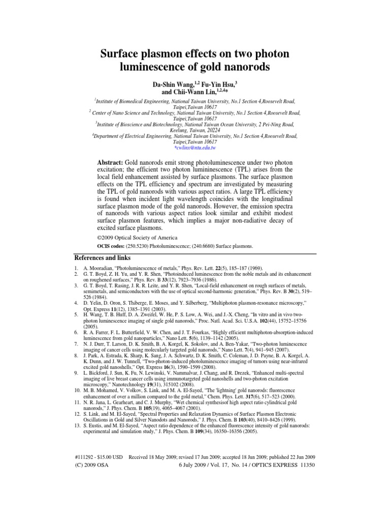 Surface Plasmon Effects On Two Photon Luminescence of Gold Nanorods ...