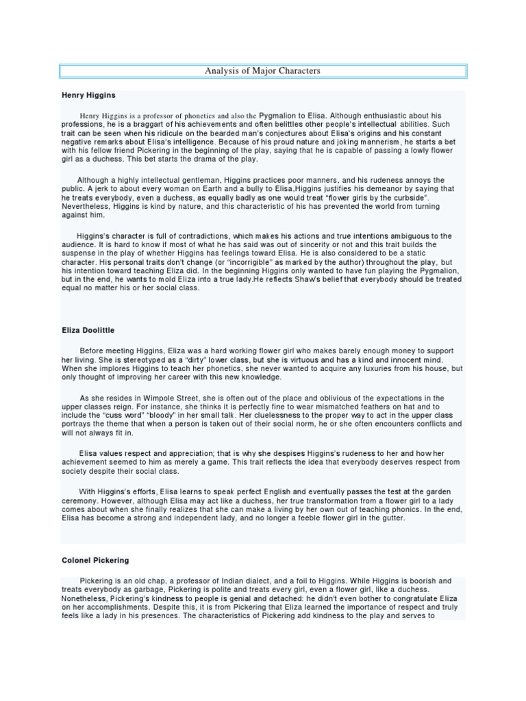 Analysis of Major Characters | PDF | Pygmalion (Play)