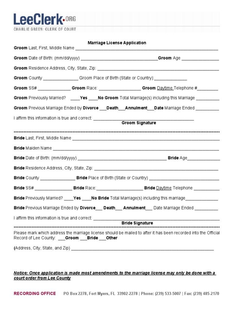 Lee County's Previous Marriage License Application | PDF