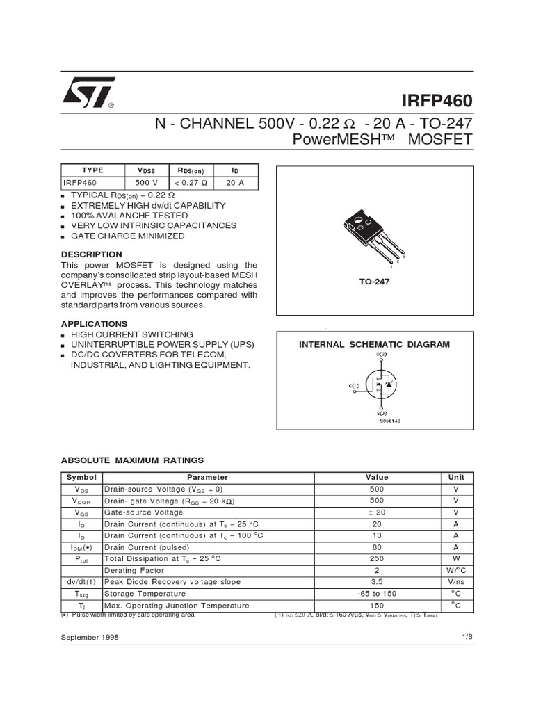 Irfp460: N - Channel 500V - 0.22 - 20 A - To-247 Powermesh Mosfet