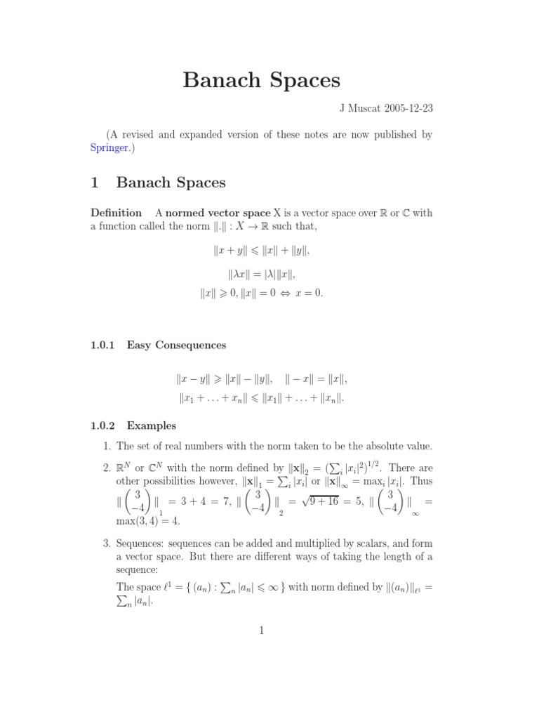 1 Banach Spaces | PDF | Norm (Mathematics) | Banach Space