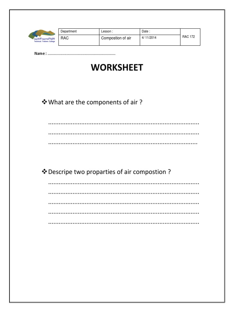 Air Composition Worksheet | PDF
