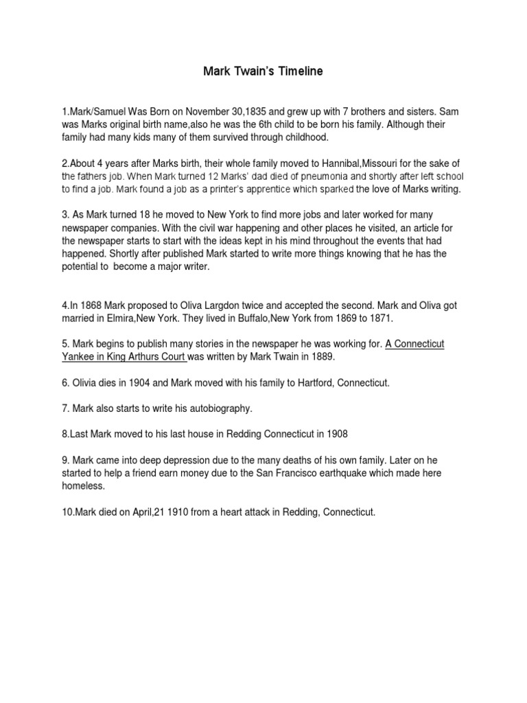 Mark Twain's Life Timeline | PDF