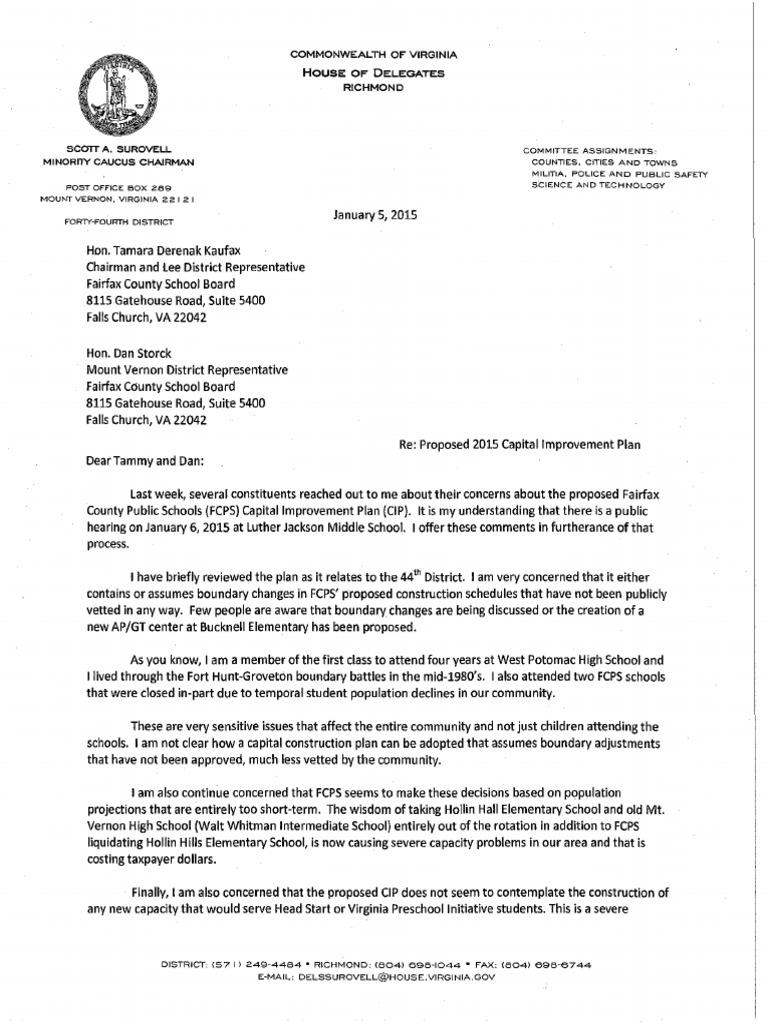 Delegate Scott Surovell Letter Regarding 2015 FCPS School Boundary CIP ...