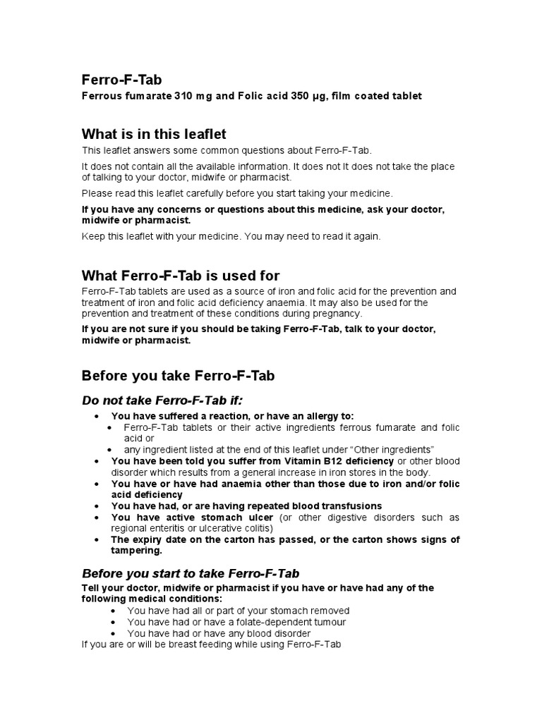 Ferro-F-Tab: Ferrous Fumarate 310 MG and Folic Acid 350 G, Film Coated ...