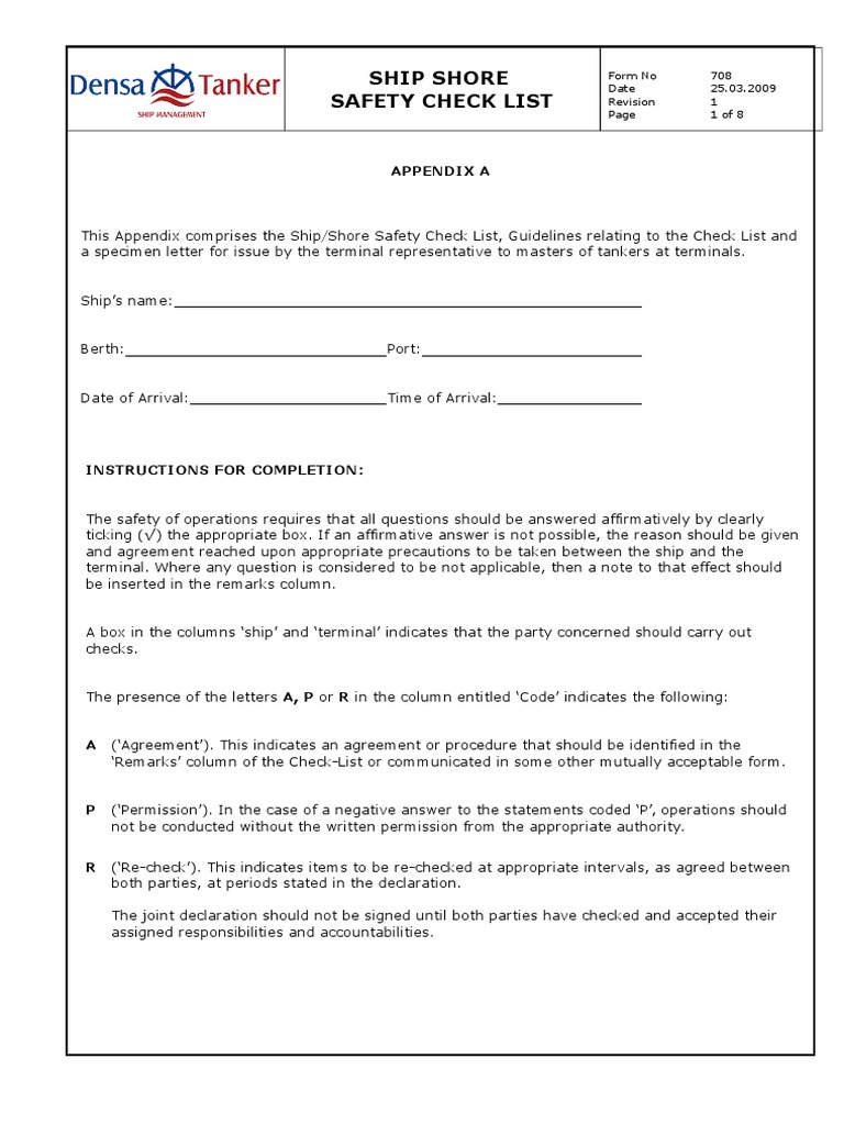 Ship/Shore Safety Checklist for Tankers | PDF | Oil Tanker | Flashlight