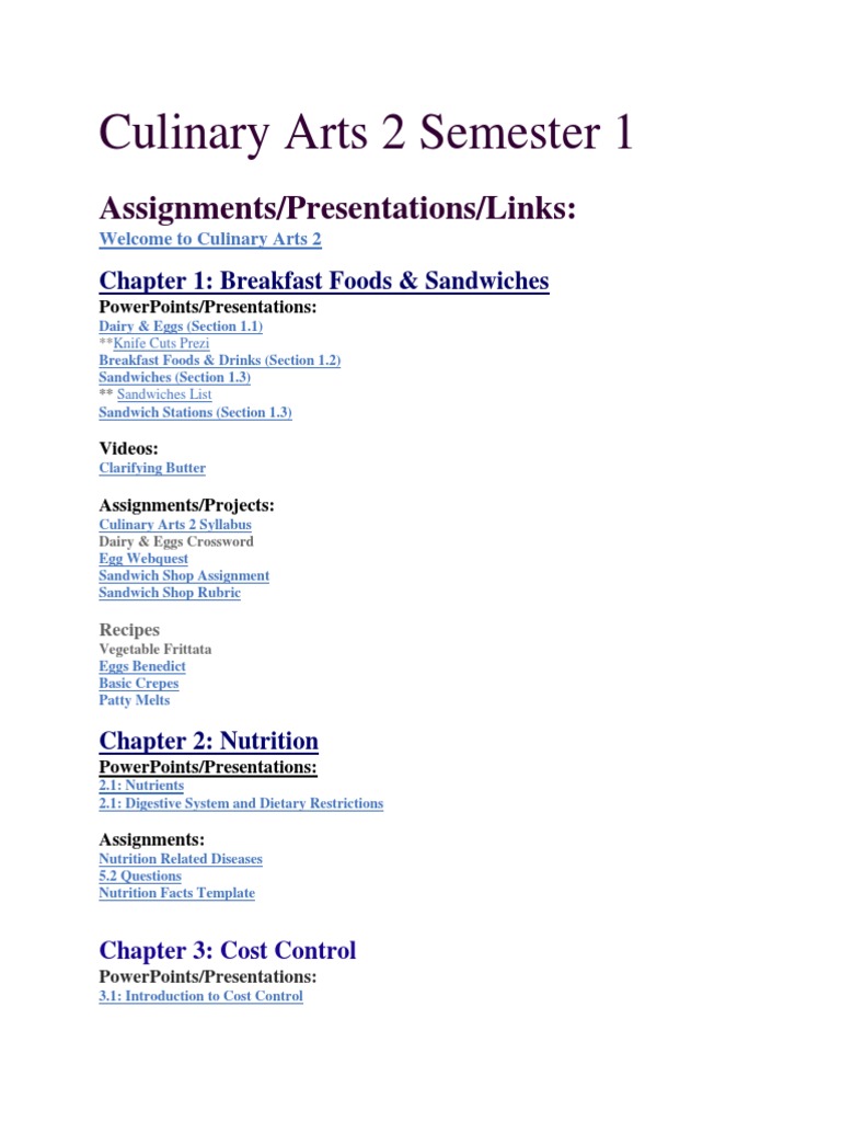 Culinary Arts 2 Overview and Resources | PDF