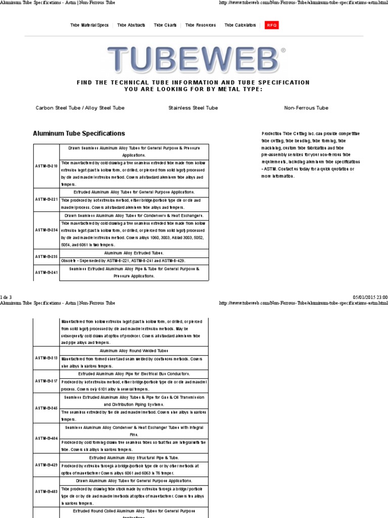 Aluminum Tube Specifications - Astm - Non-Ferrous Tube | PDF ...
