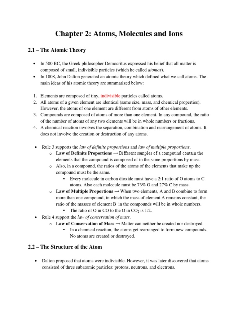 Chapter 2: Atoms, Molecules and Ions: 2.1 - The Atomic Theory ...